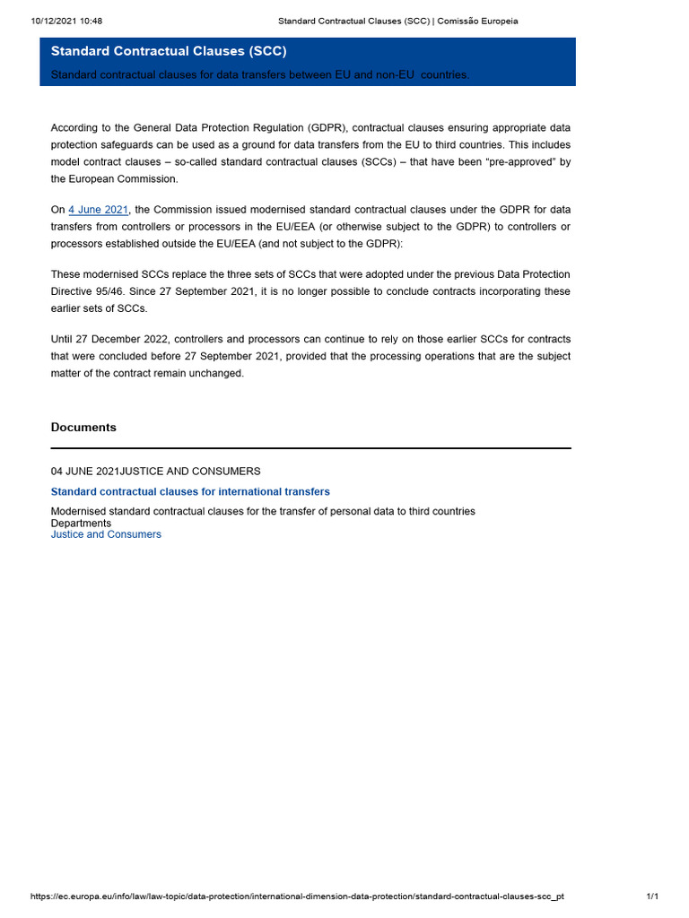 Standard Contractual Clauses (SCC) - Comissão Europeia | PDF