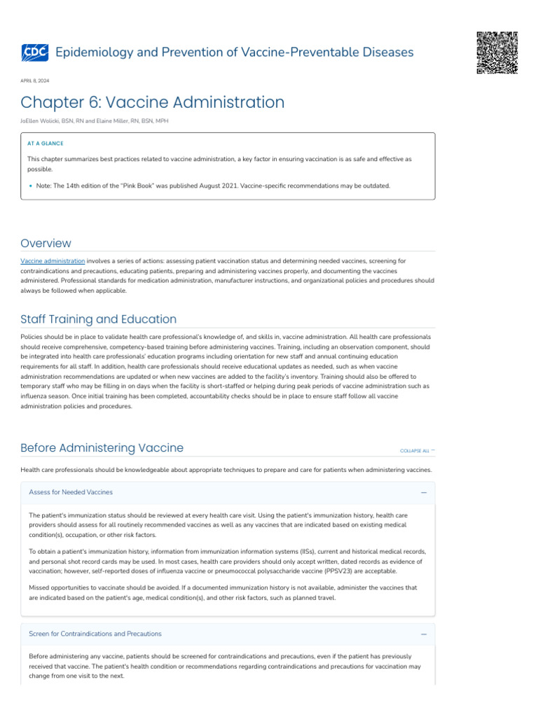 Chapter 6 - Vaccine Administration - Pink Book - CDC | PDF