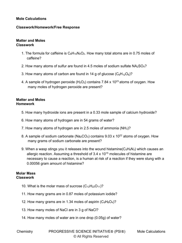 Ap Chemistry 22 - Mole Calculations Practice Problems - 2022 07 27 | PDF