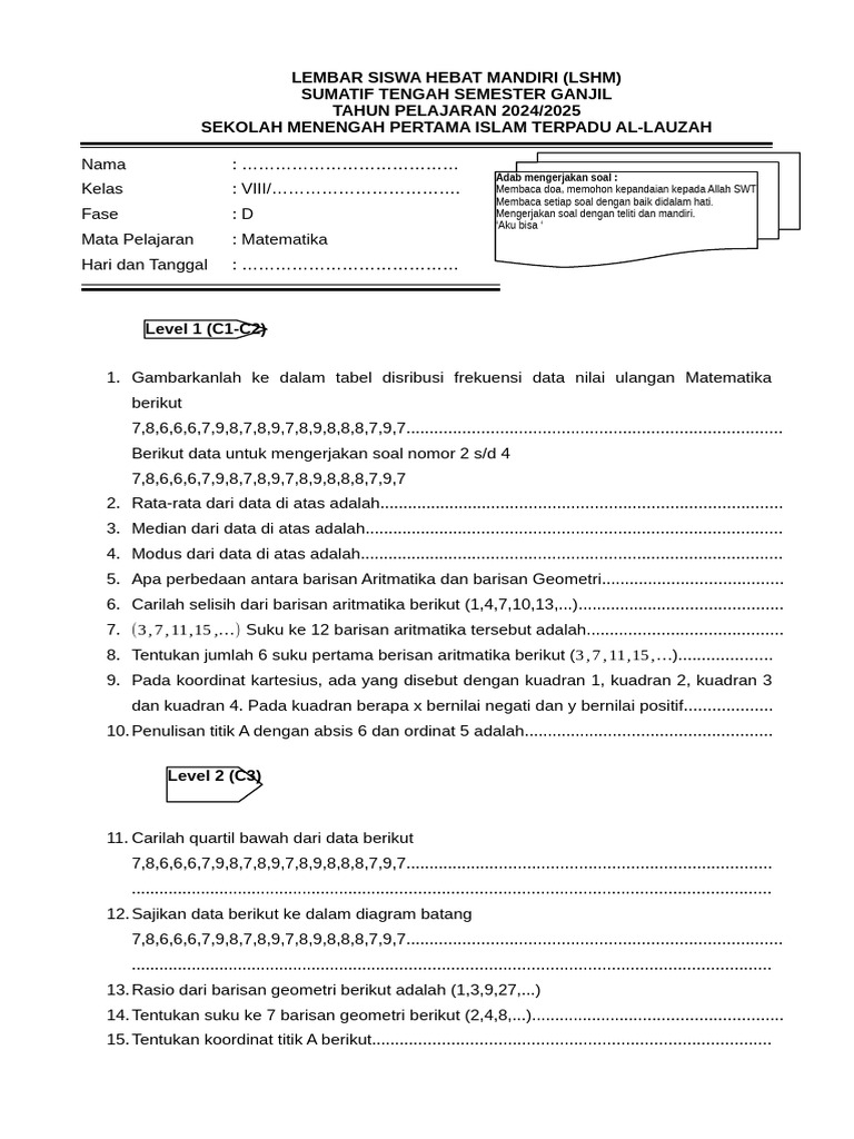 Format STS Mapel Matematika 8 | PDF