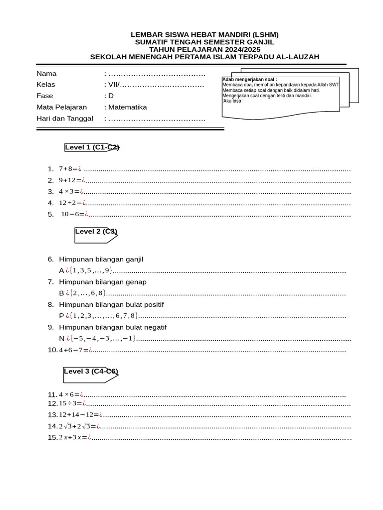 Format STS Mapel Matematika 7i | PDF