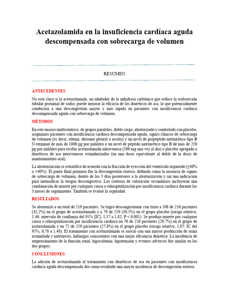 Acetazolamida en La Insuficiencia Cardíaca Aguda Descompensada Con Sobrecarga de Volumen | PDF