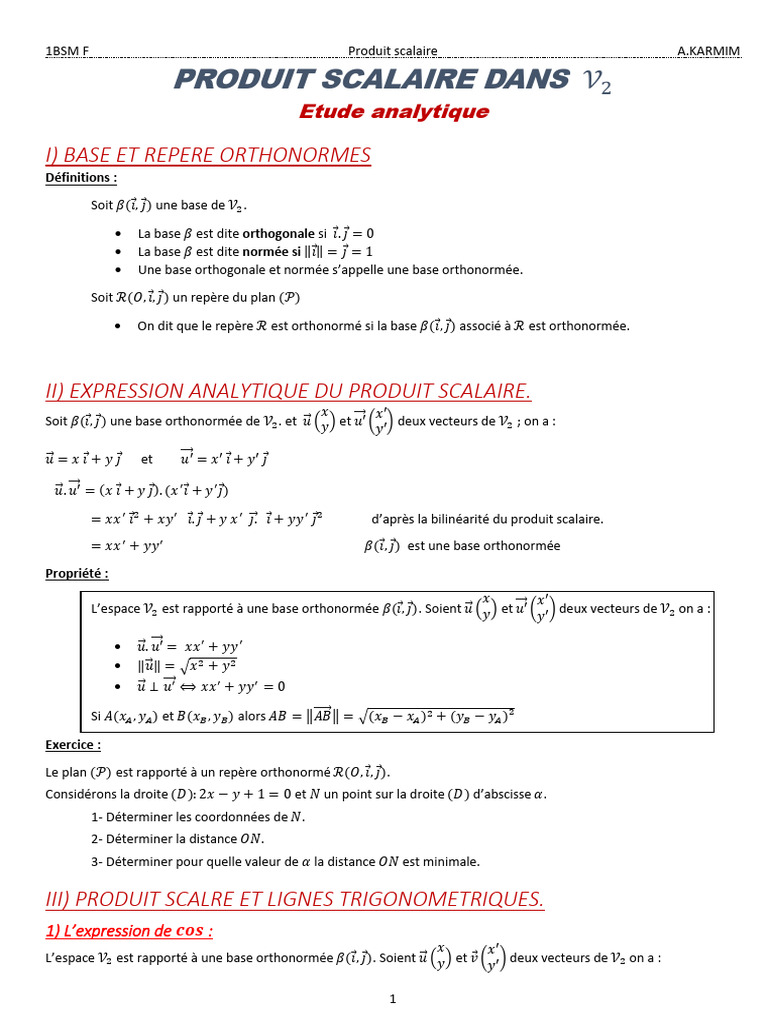 Le Produit Scalaire Dans Le Plan Cours 1 | PDF