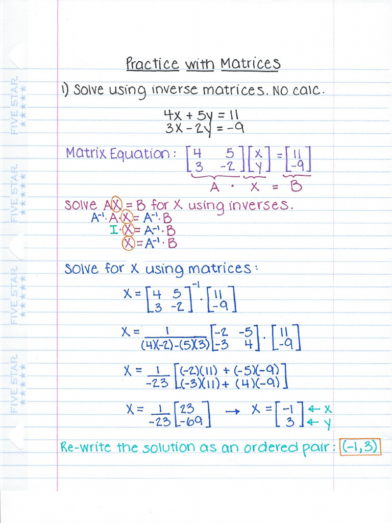 Matrices No Calculator Practice Answer Key To 1 2 3 | PDF