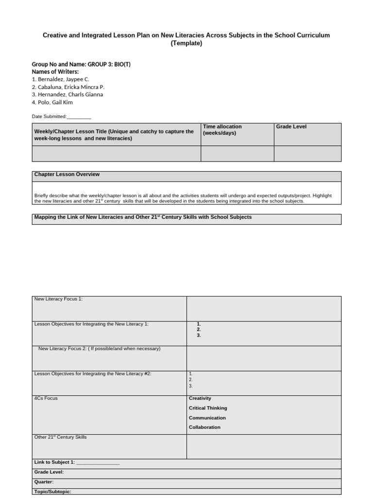 Creative and Integrated Lesson Plan For New Literacies Template | PDF