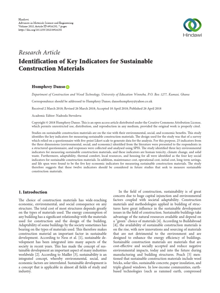 Identification of Key Indicators For Sustainable C | PDF