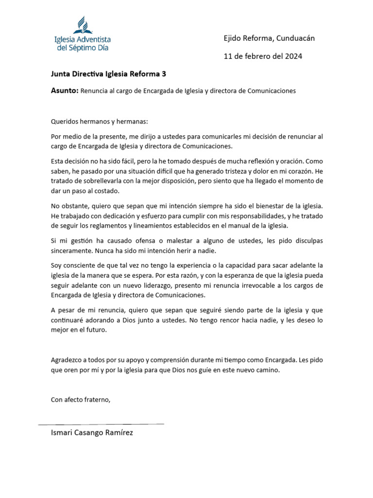 Renuncia de Ismari Casango Ramírez | PDF