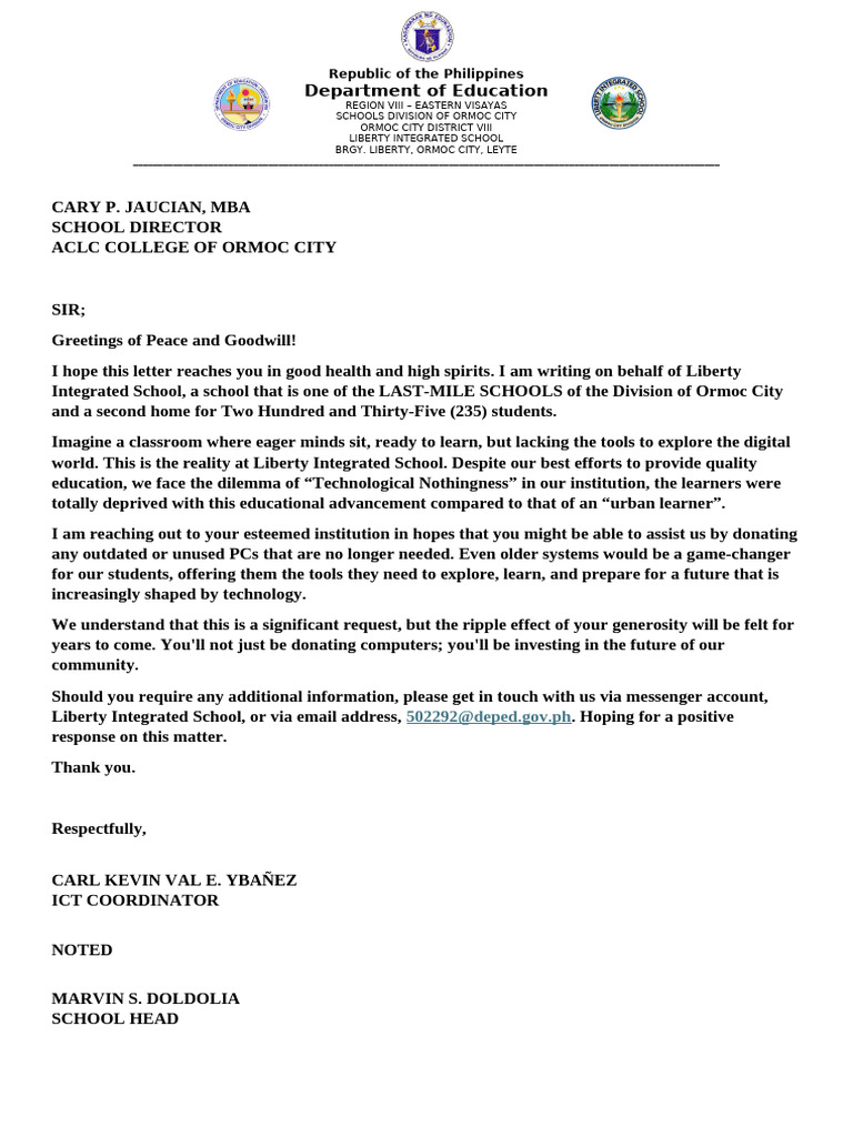 Letter Request For Computers | PDF