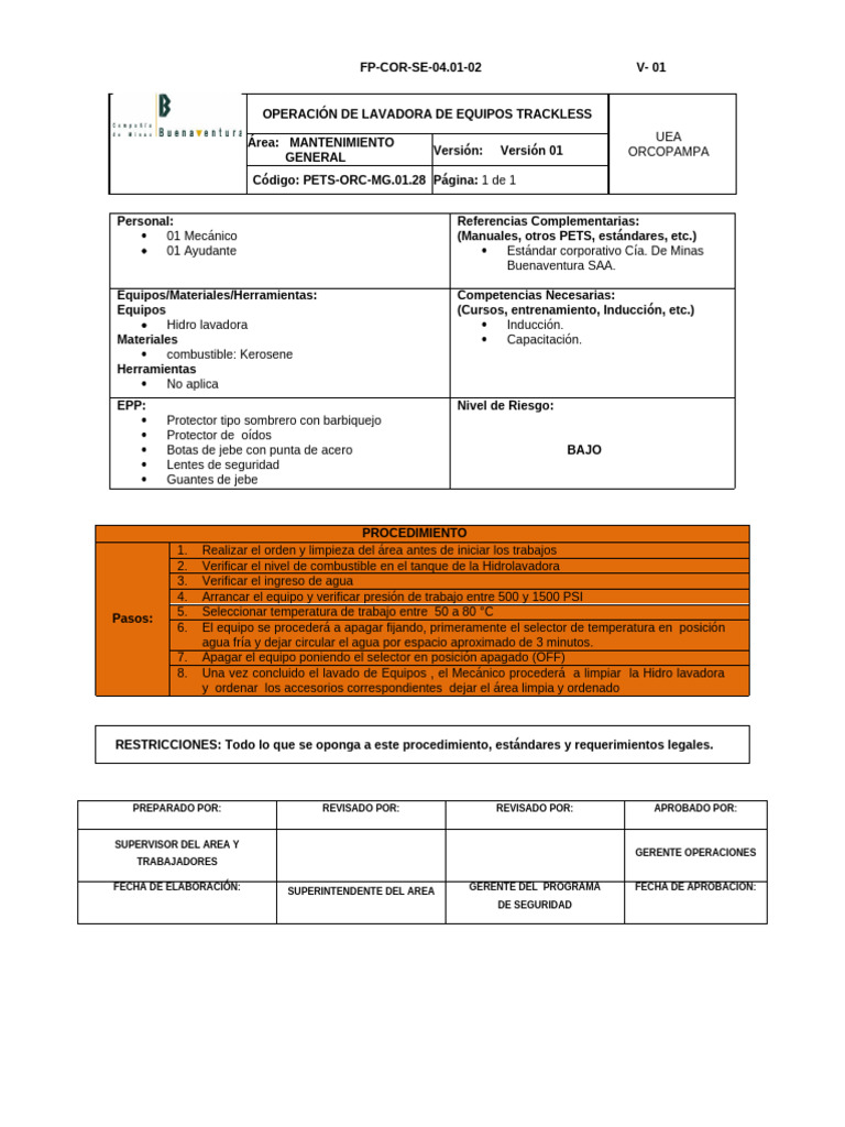 Pets Orc MG 01 28 Operacion de Lavadora de Equipos Trackless | PDF