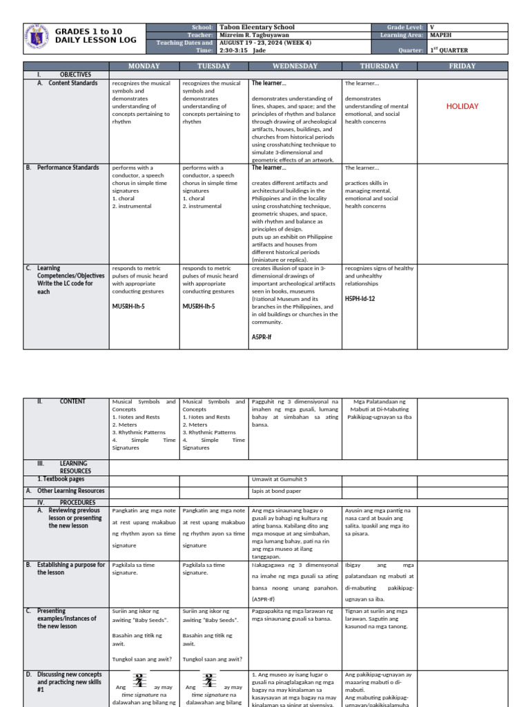 DLL - Mapeh 5 - Q1 - W4 | PDF