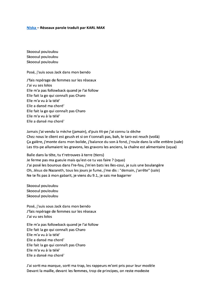 Niska - Réseaux Parole Traduit Par KARL MAX | PDF