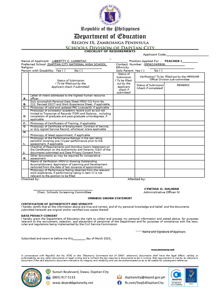 Checklist Requirements Teacher I | PDF