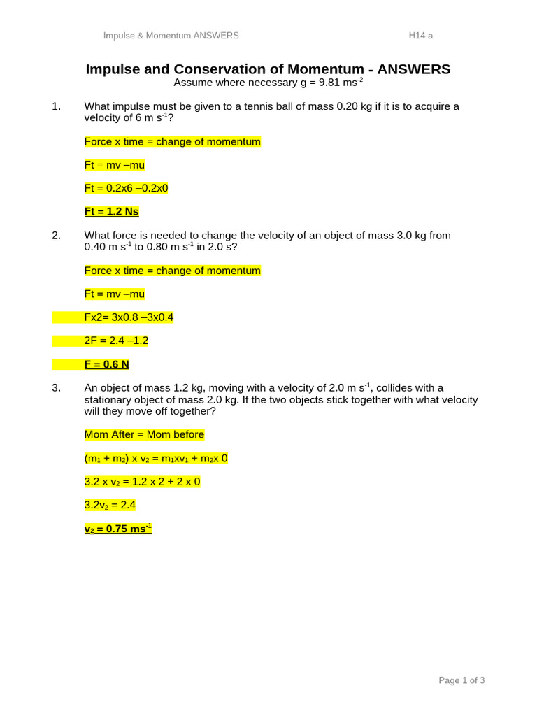 Momentum & Impulse ANSWERS - H14a | PDF