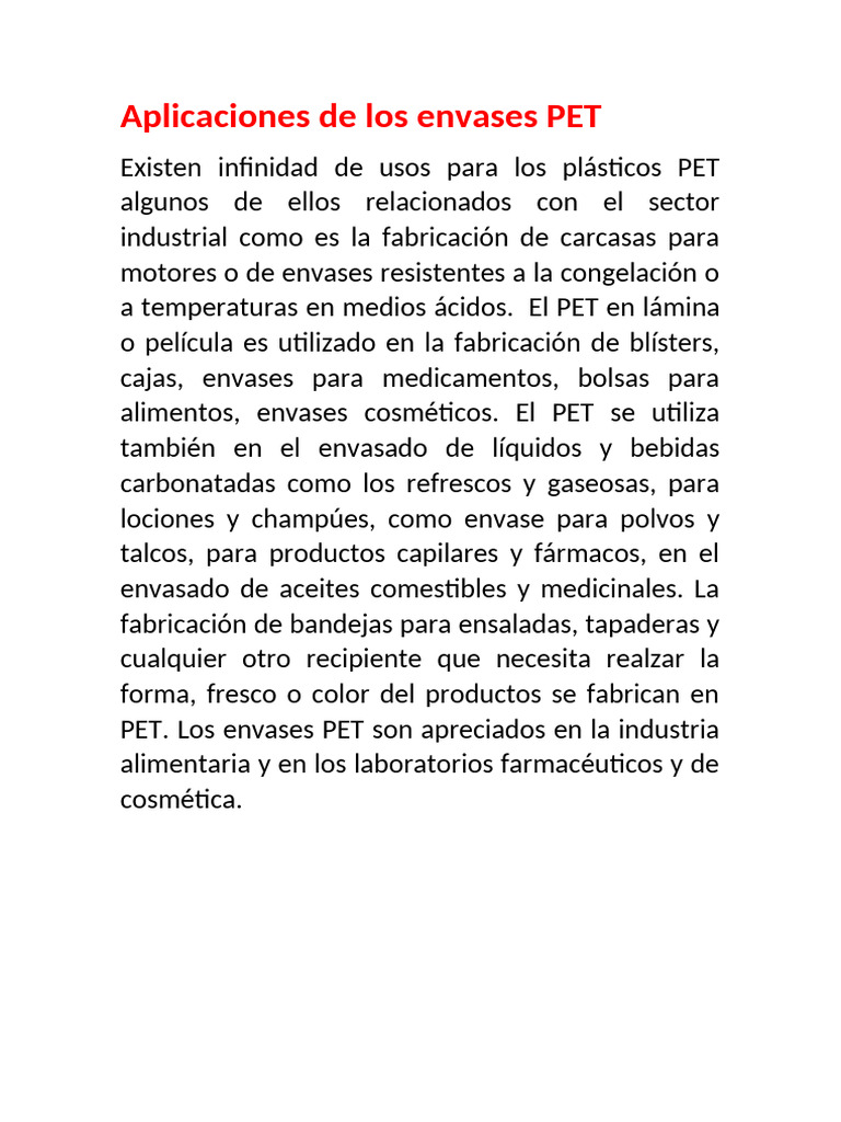Aplicaciones de Los Envases PET | PDF