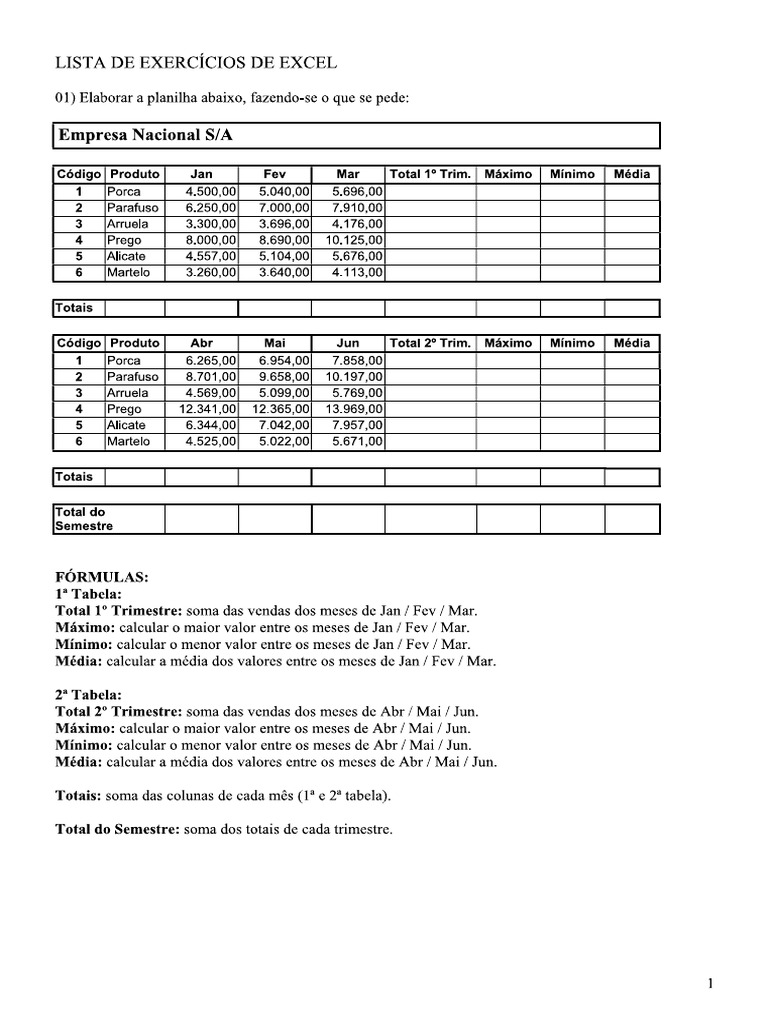 Lista Exercicios Excel | PDF