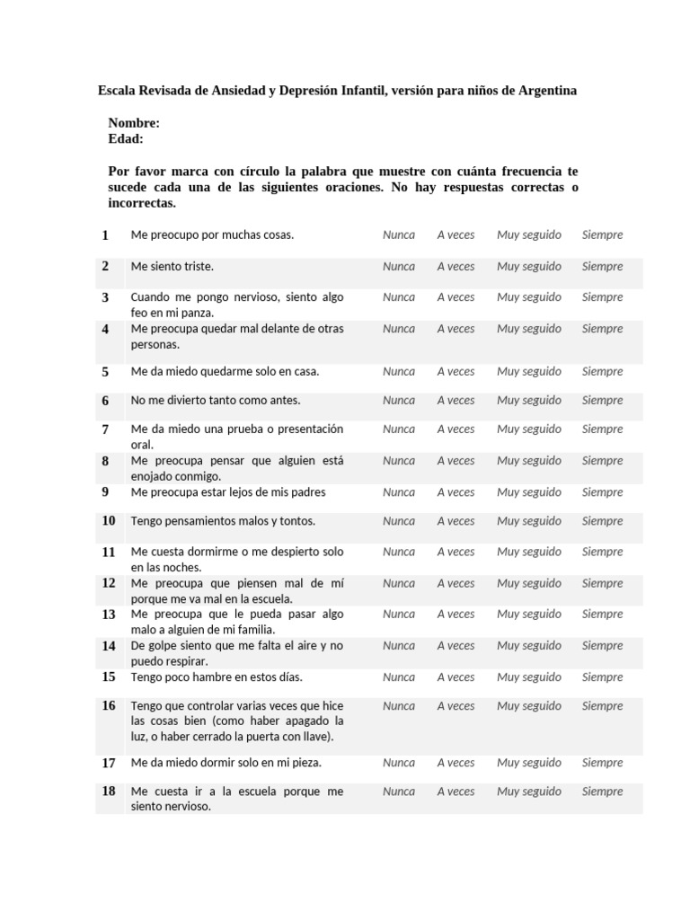 RCADS Protocolo e Instrucciones de Evaluación | PDF