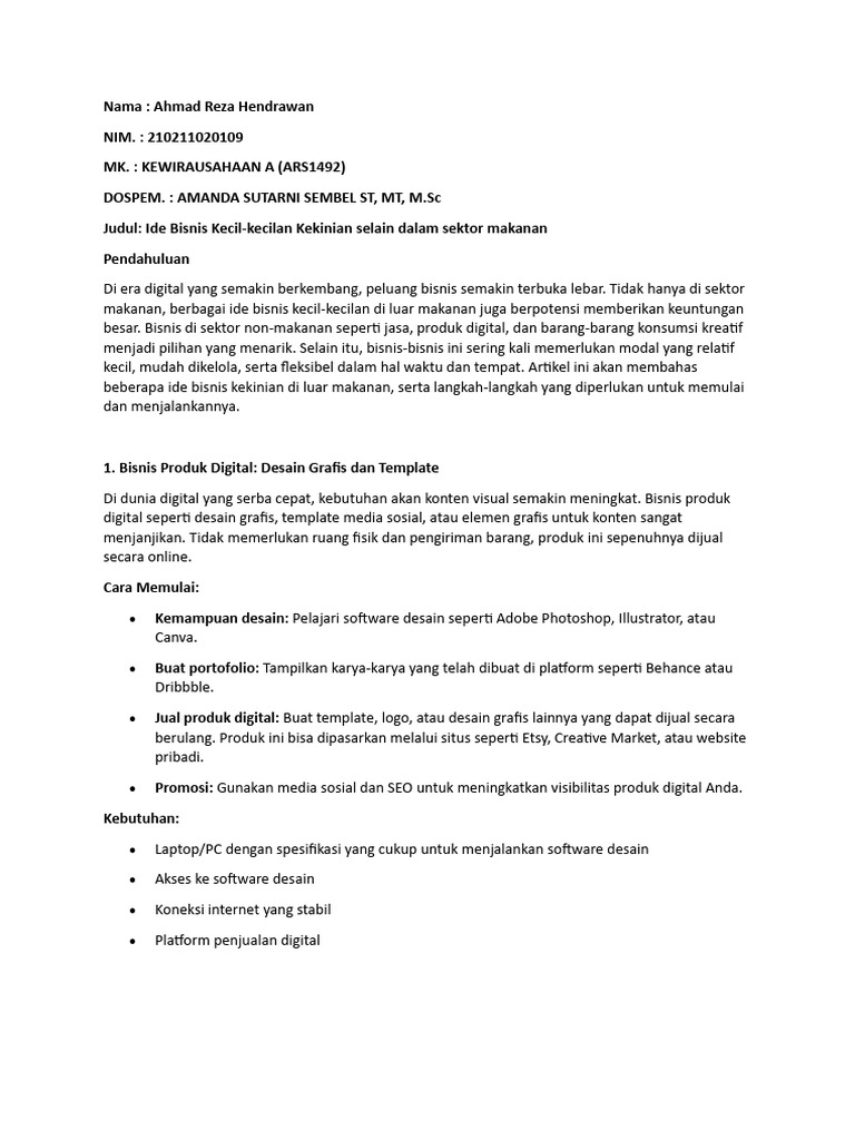 Tugas 1 (Ide Bisnis) | PDF