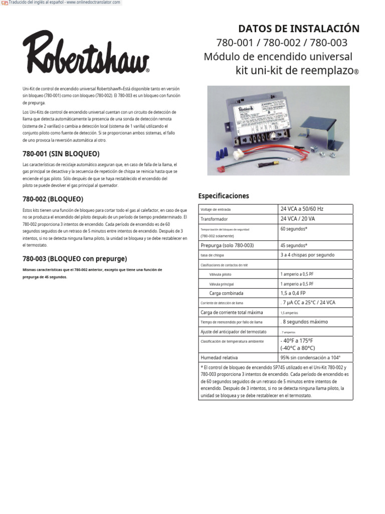 Robertshaw 780 002 Ignition Module Installation Instructions - En.es | PDF