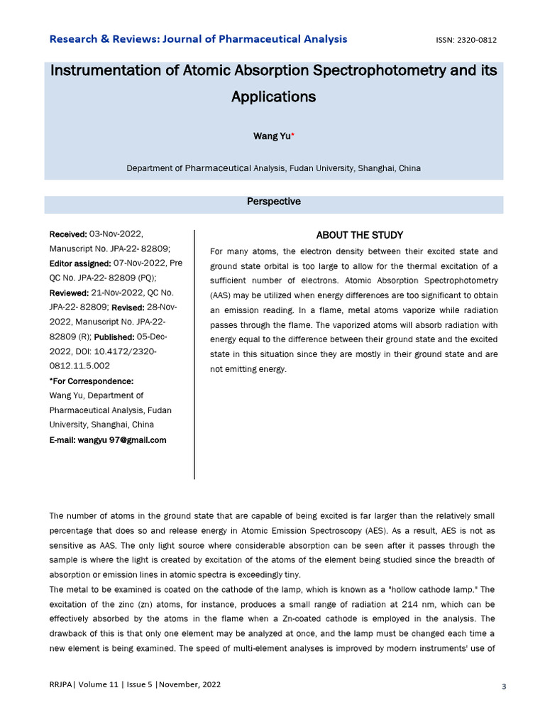 Instrumentation of Atomic Absorption Spectrophotometry and Its ...