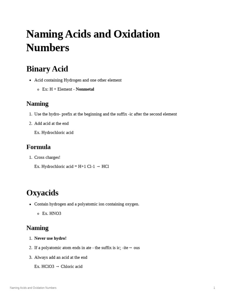 Naming Acids and Oxidation Numbers | PDF