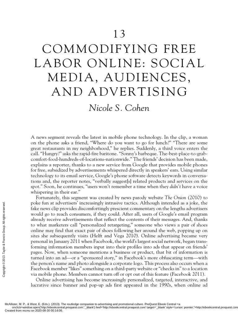 Nicole Cohen - Commodifying Free Labor Online | PDF