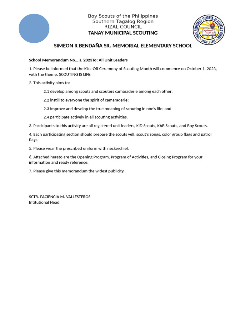 School Memorandum No. SUNRISE PARADE | PDF