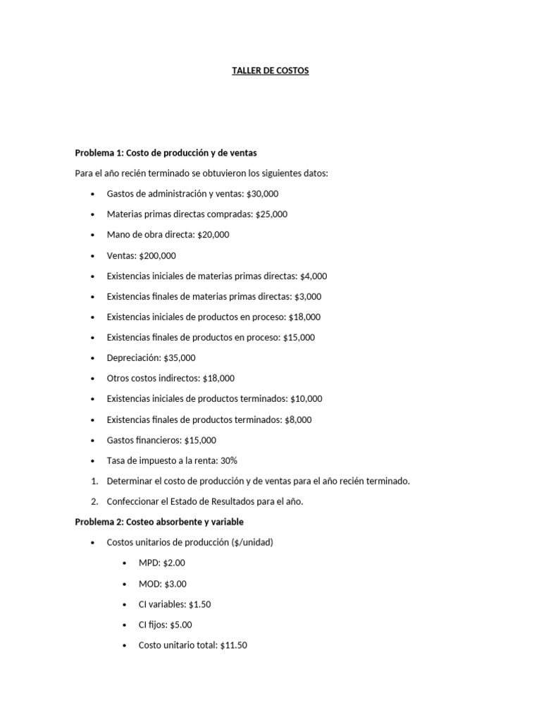 TALLER DE COSTOS (1) | PDF