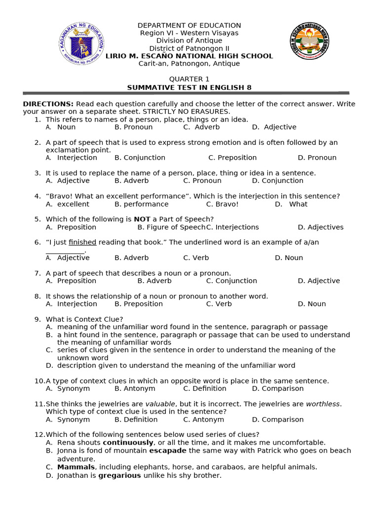 Summative Test English 8-Q1 Final | PDF | Part Of Speech | Adverb