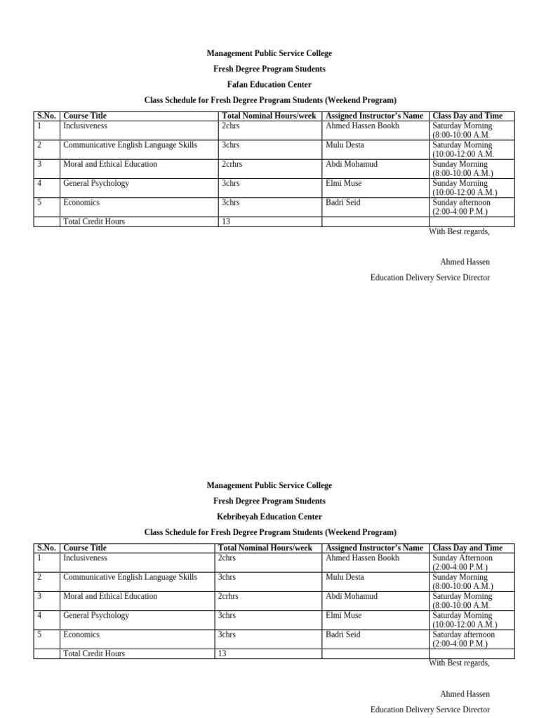 Weekend Class Schedule for Fresh Degree Students | PDF
