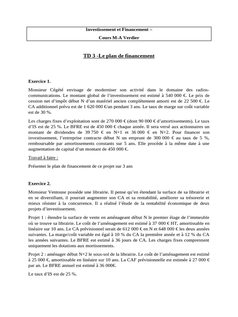 TD 3 Le Plan de Financement | PDF
