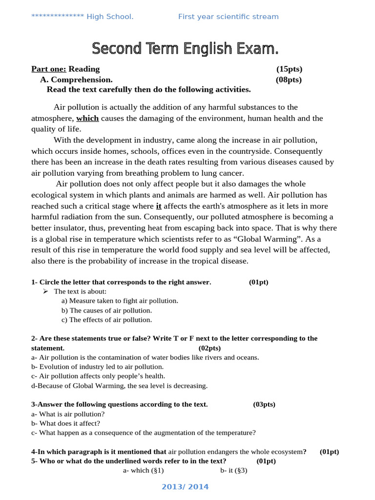 2nd Term Exam 1st Year Back To Nature | PDF