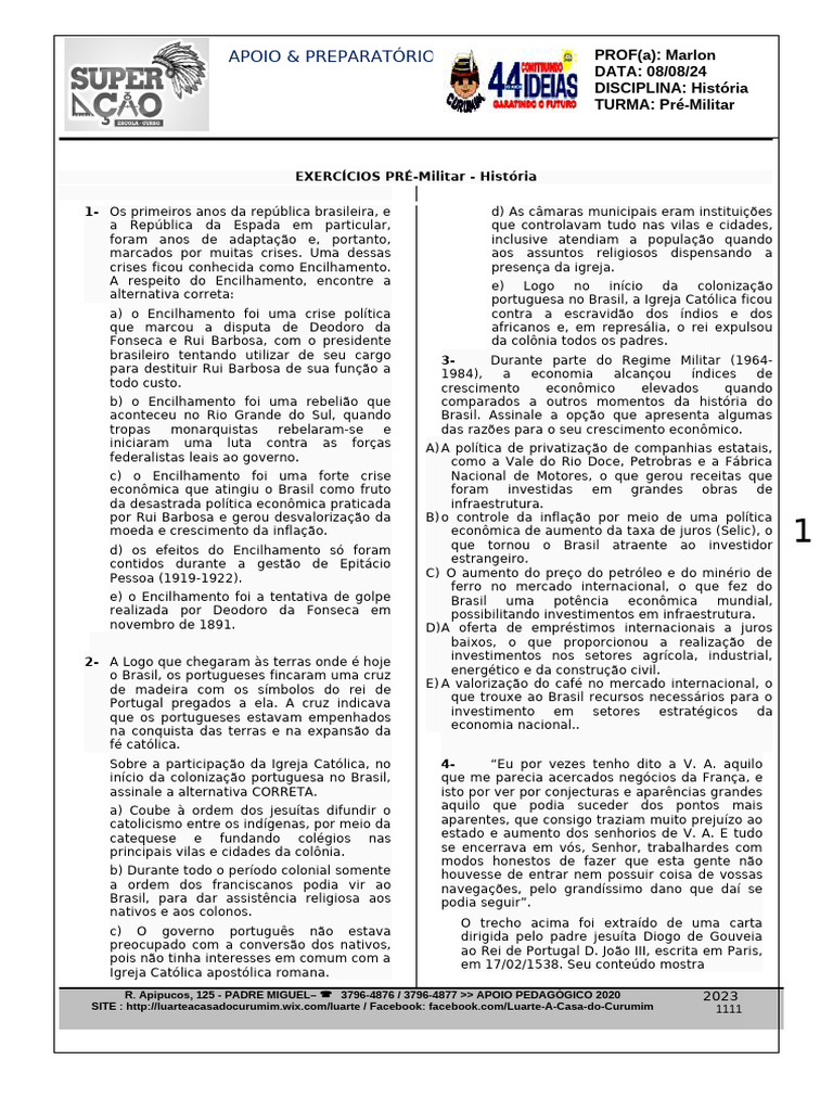 Exercícios De História Pré Militar Pdf Brasil