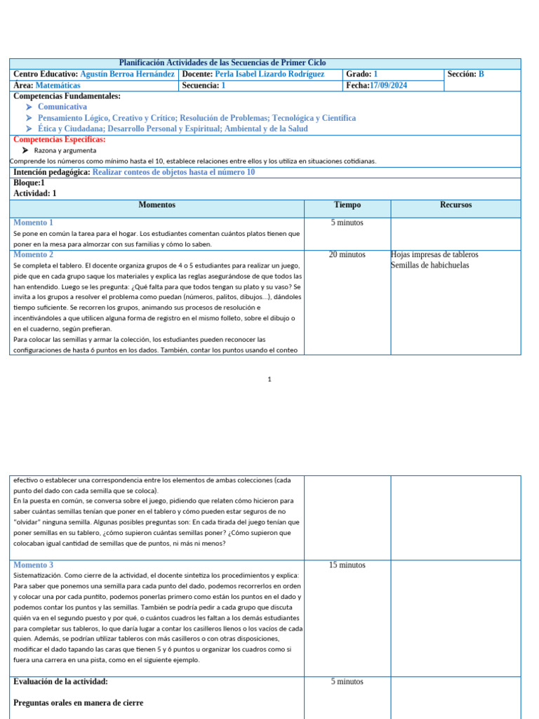 Plan Diario Matemáticas | PDF