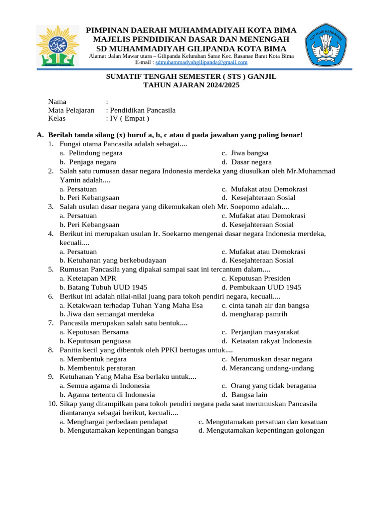 Soal STS 1 PPKN Kelas 4 | PDF