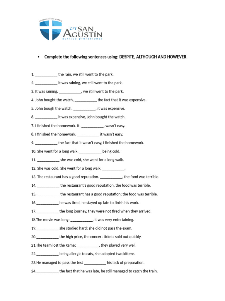 Exercises Despite, Although, However. | PDF | Language Arts & Discipline