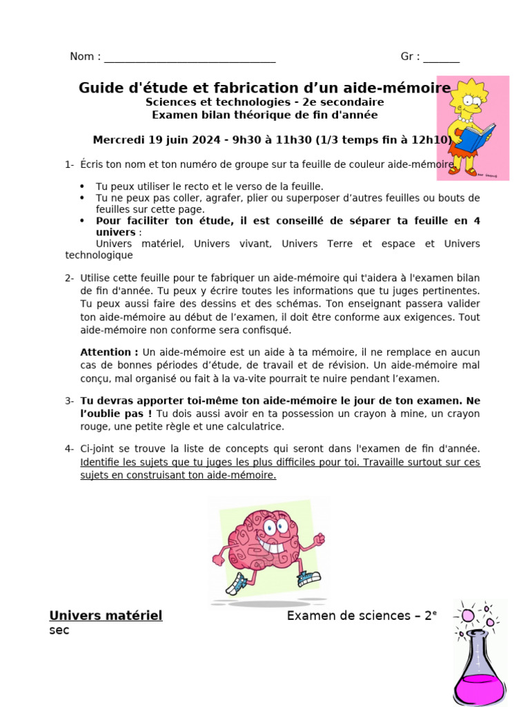Feuille Aide-Memoire Etude Liste de Concepts 2024 | PDF