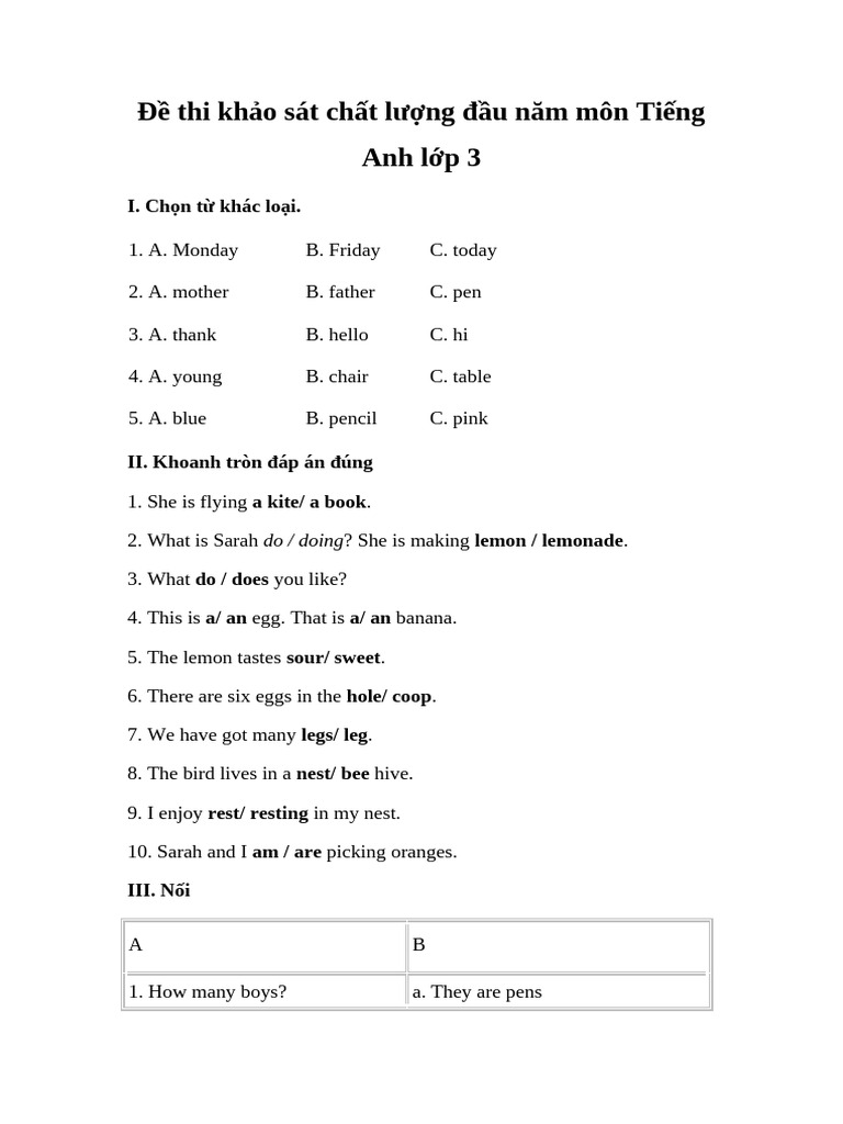 De Thi Khao Sat Chat Luong Dau Nam Mon Tieng Anh Lop 3 | PDF
