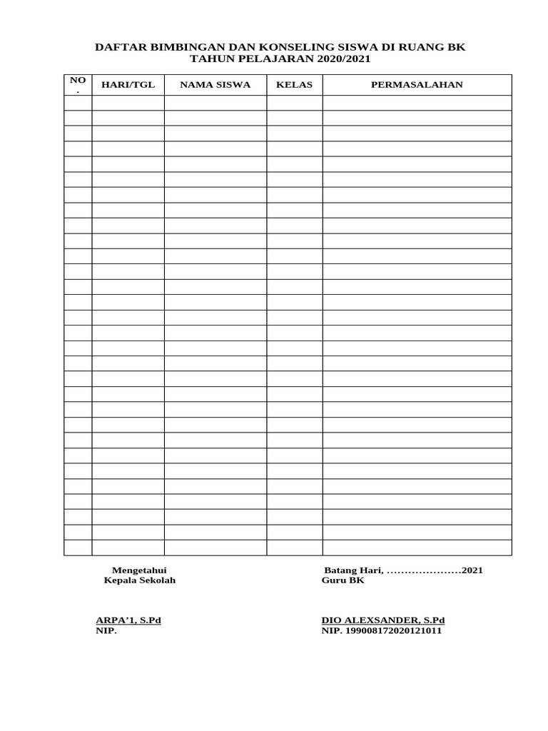 Daftar Bimbingan Siswa Di Ruang BK (Baru) | PDF