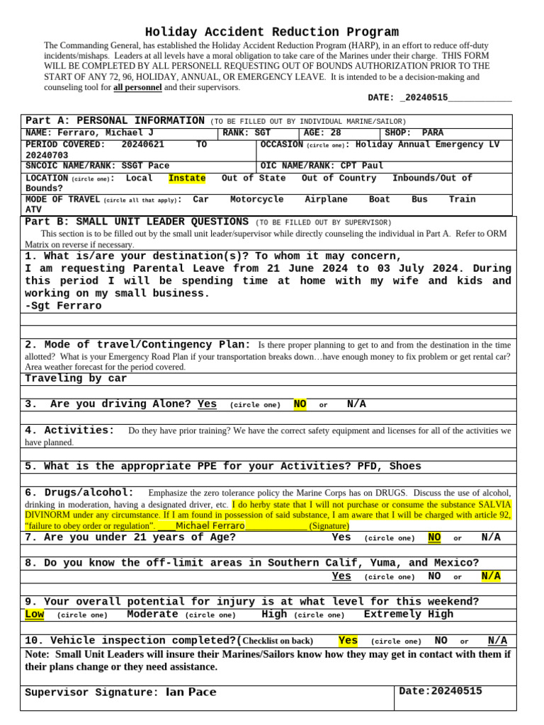 Holiday Accident Reduction Program (HARP) Form | PDF