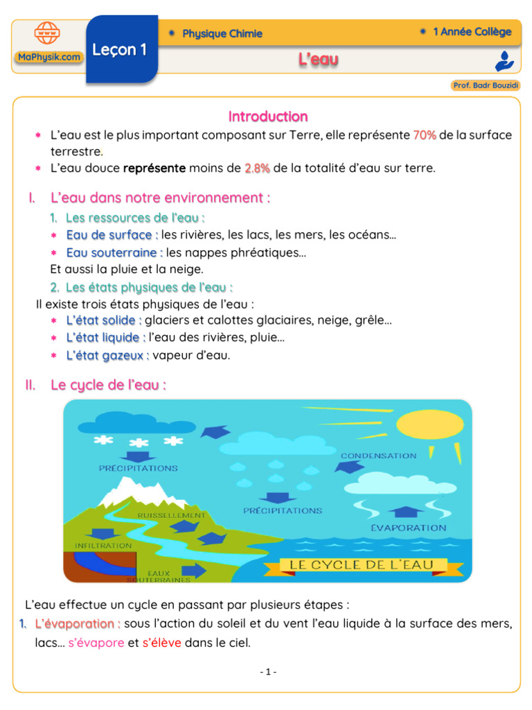 1 Leçon L'eau 1er Année Collège | PDF