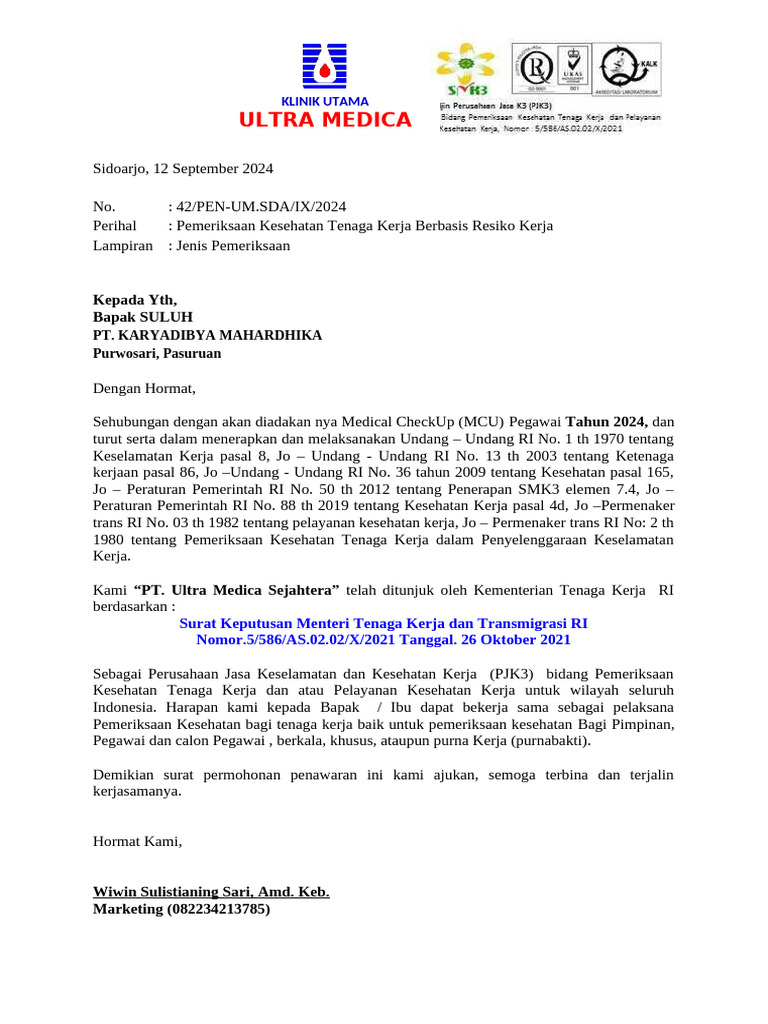 Penawaran Mcu Pt. KDM 2024 | PDF | Indonesia