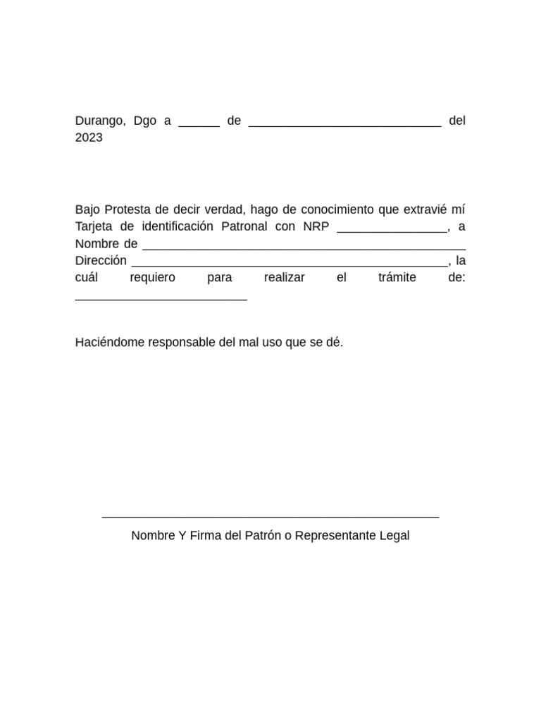 Carta para Extravio de Tarjeta Patronal | PDF