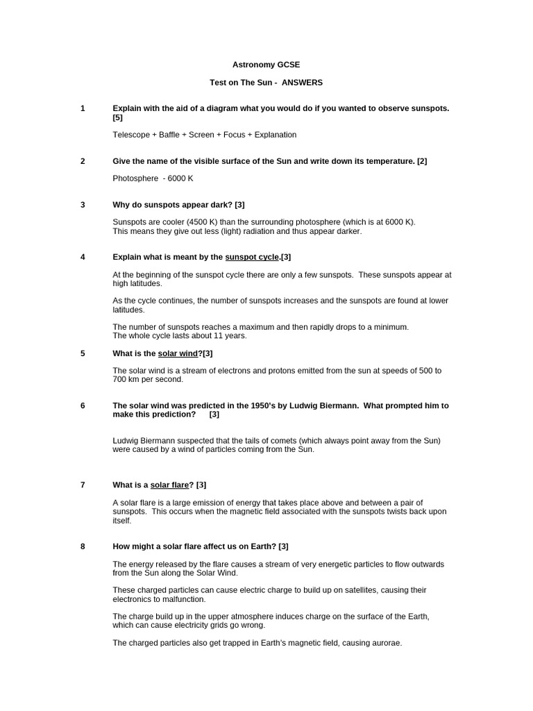 Test On The Sun - ANSWERS | PDF