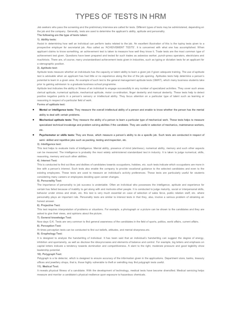 HRM Selection Tests and Techniques | PDF