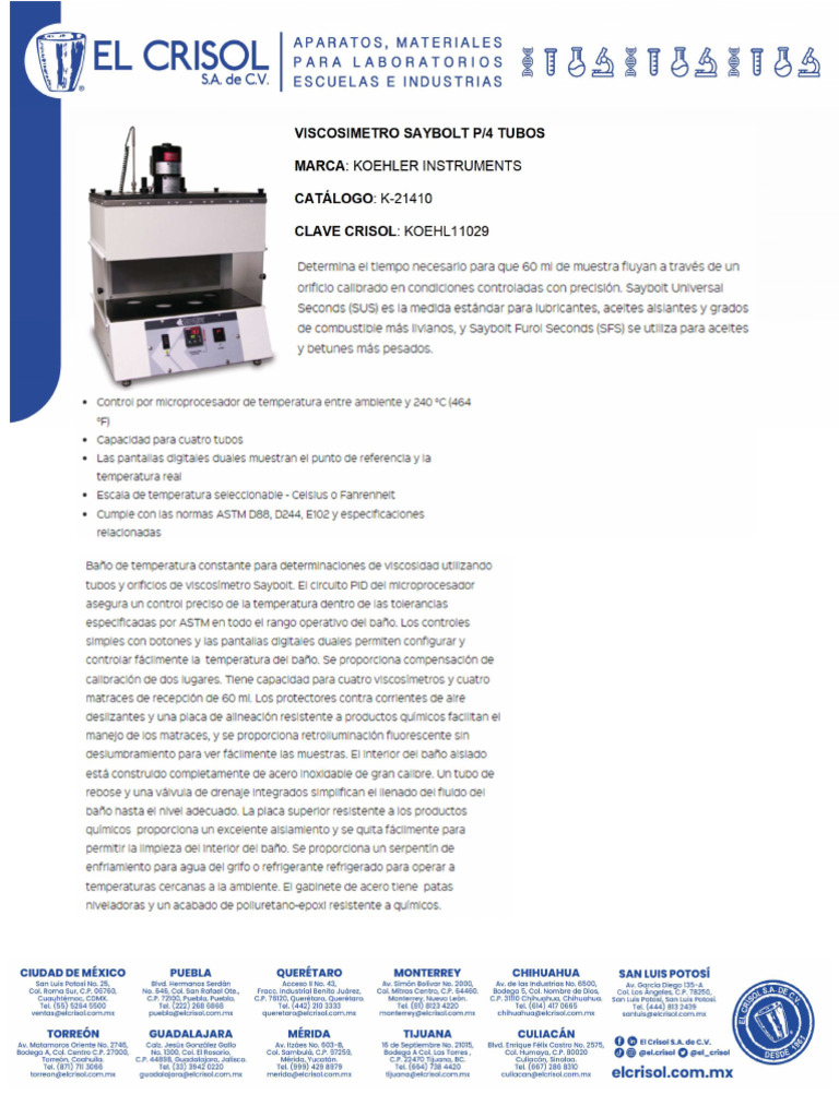 Viscosimetro Saybolt para 4 Tubos Koehl11029 | PDF Viscosimetro Saybolt para 4 Tubos Koehl11029 | PDF