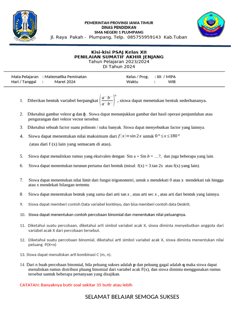 Kisi-Kisi PSAJ Matematika Peminatan Kls 12 MIPA 2024 (Sriyono) | PDF