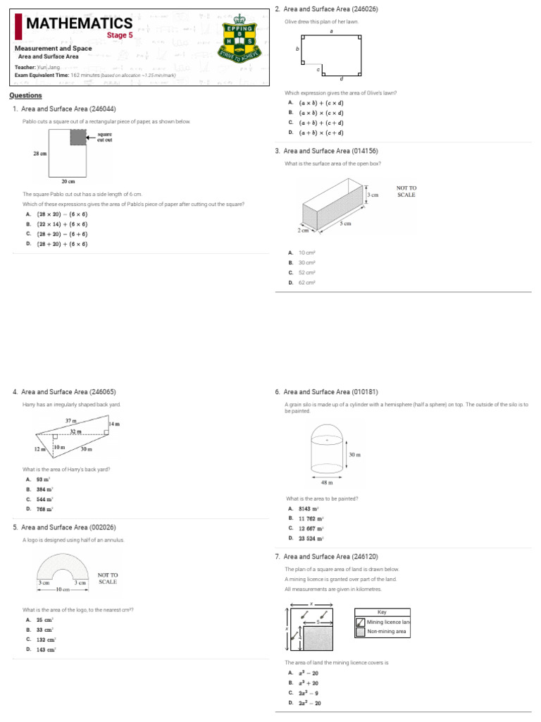 Area and Surface Area Calculations | PDF | Area | Length
