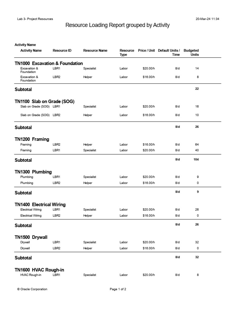 Resource Loading Report Grouped by Activity | PDF