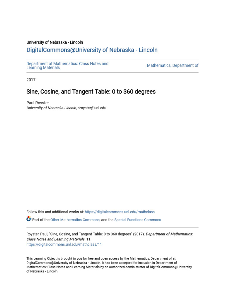 Sine Cosine and Tangent Table - 0 To 360 Degrees | PDF | Trigonometric ...