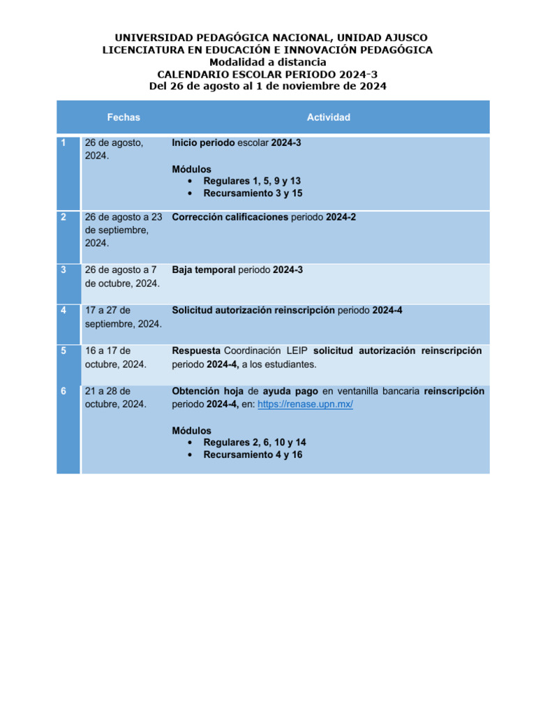 Calendario LEIP UPN (2024-3) - Estudiantes 1 | PDF